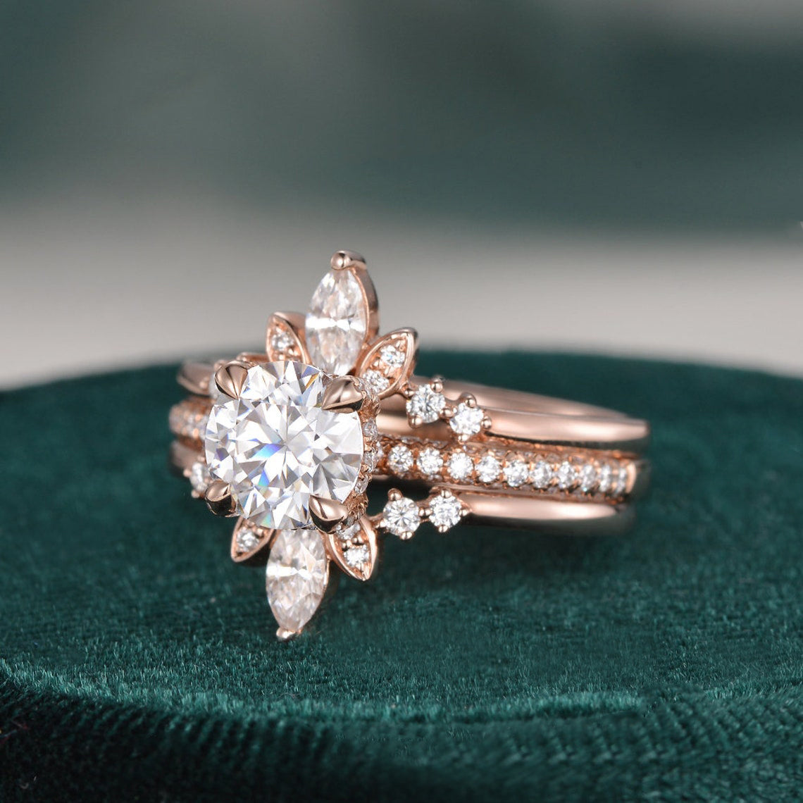 3pcs Vintage Style Bridal Ring Set, Round Cut Center Stone – Flawless ...