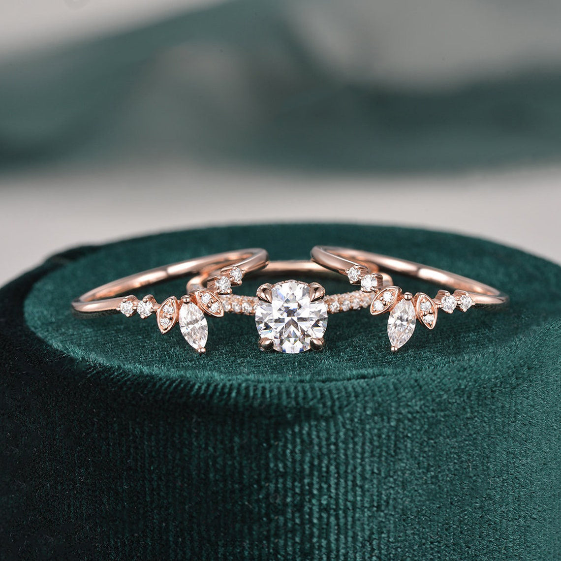 3pcs Vintage Style Bridal Ring Set, Round Cut Center Stone – Flawless ...