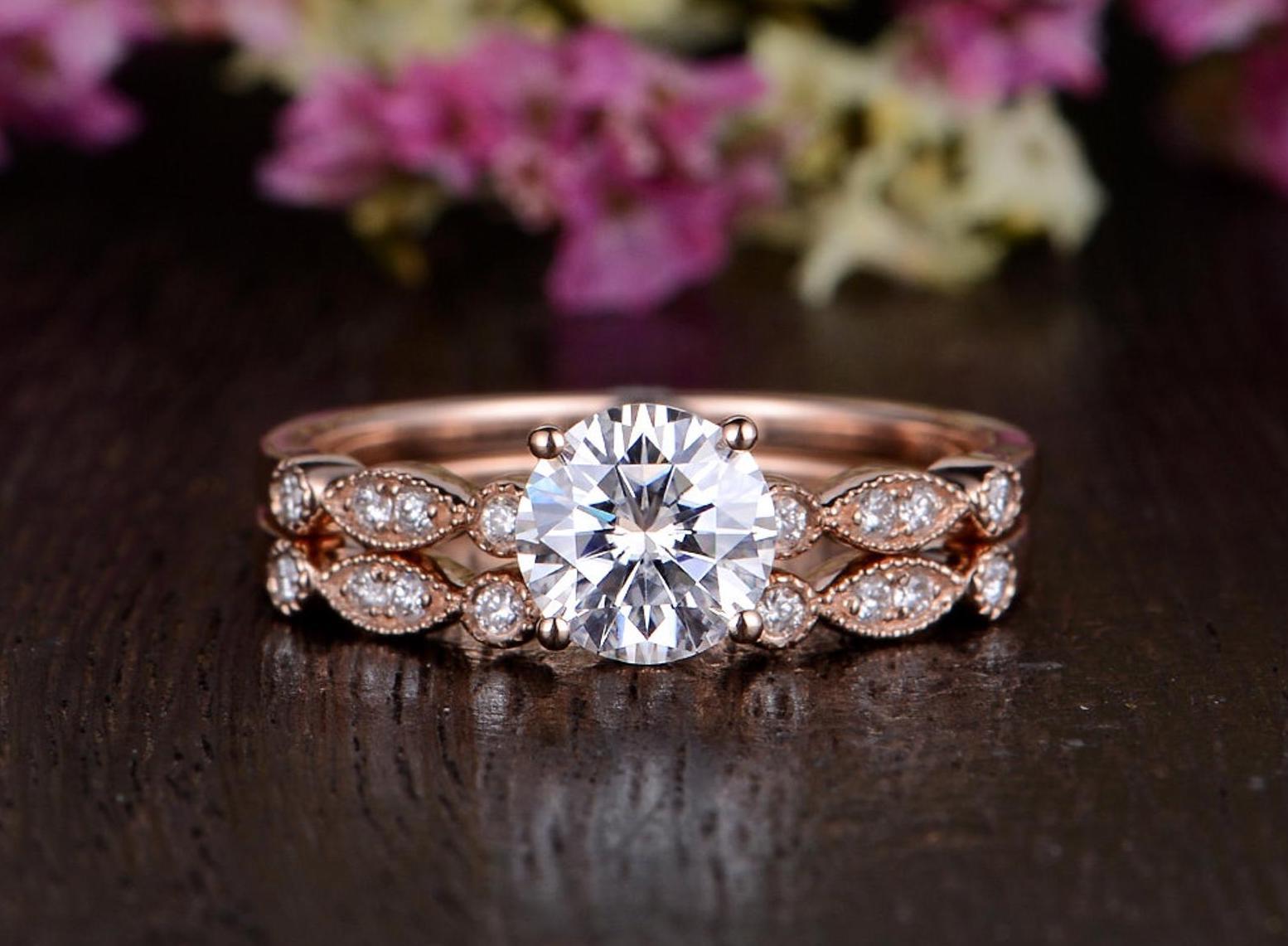 Vintage Style Bridal Ring Set, Round Cut